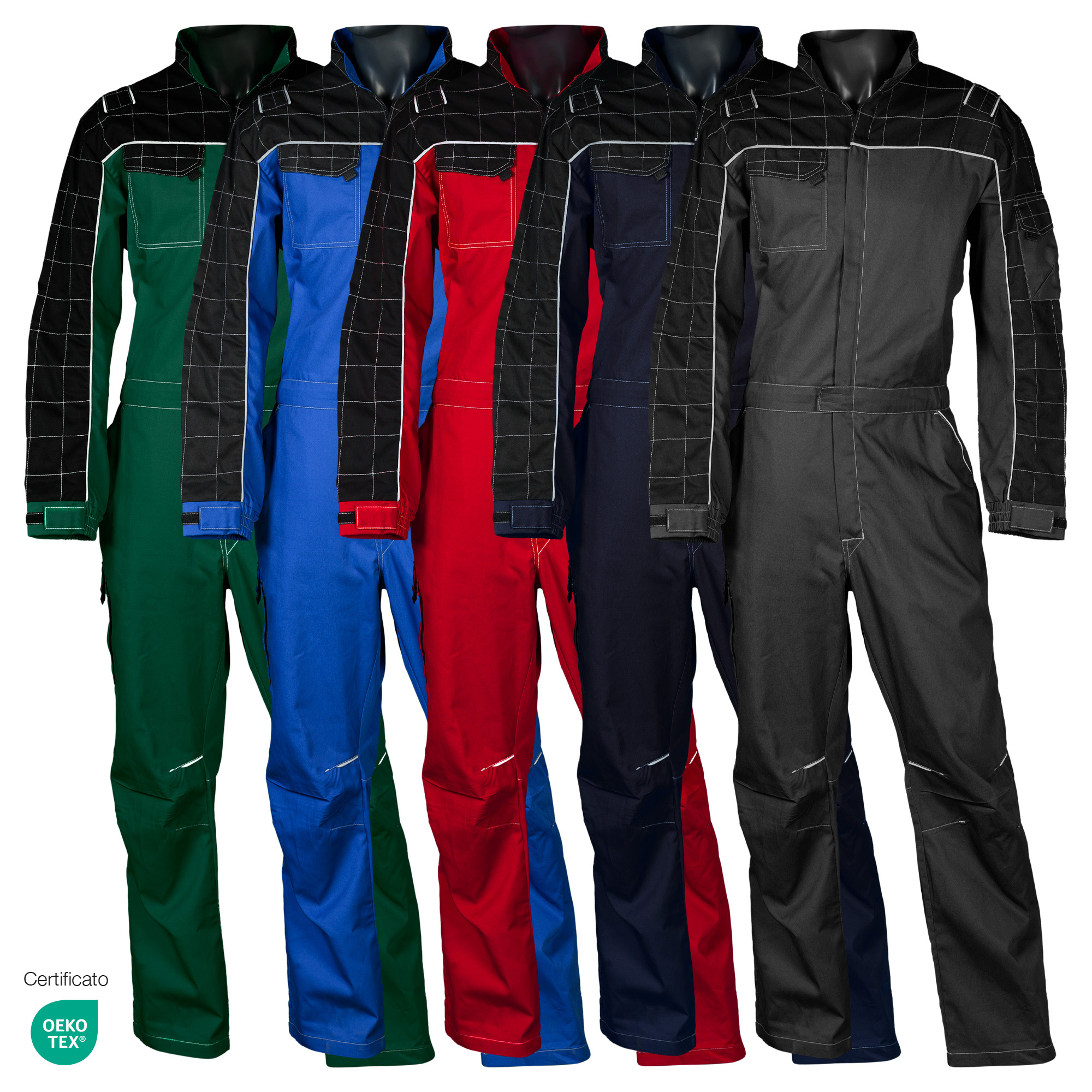 Tuta bicolore cuciture contrasto profili riflettenti collo alla coreana